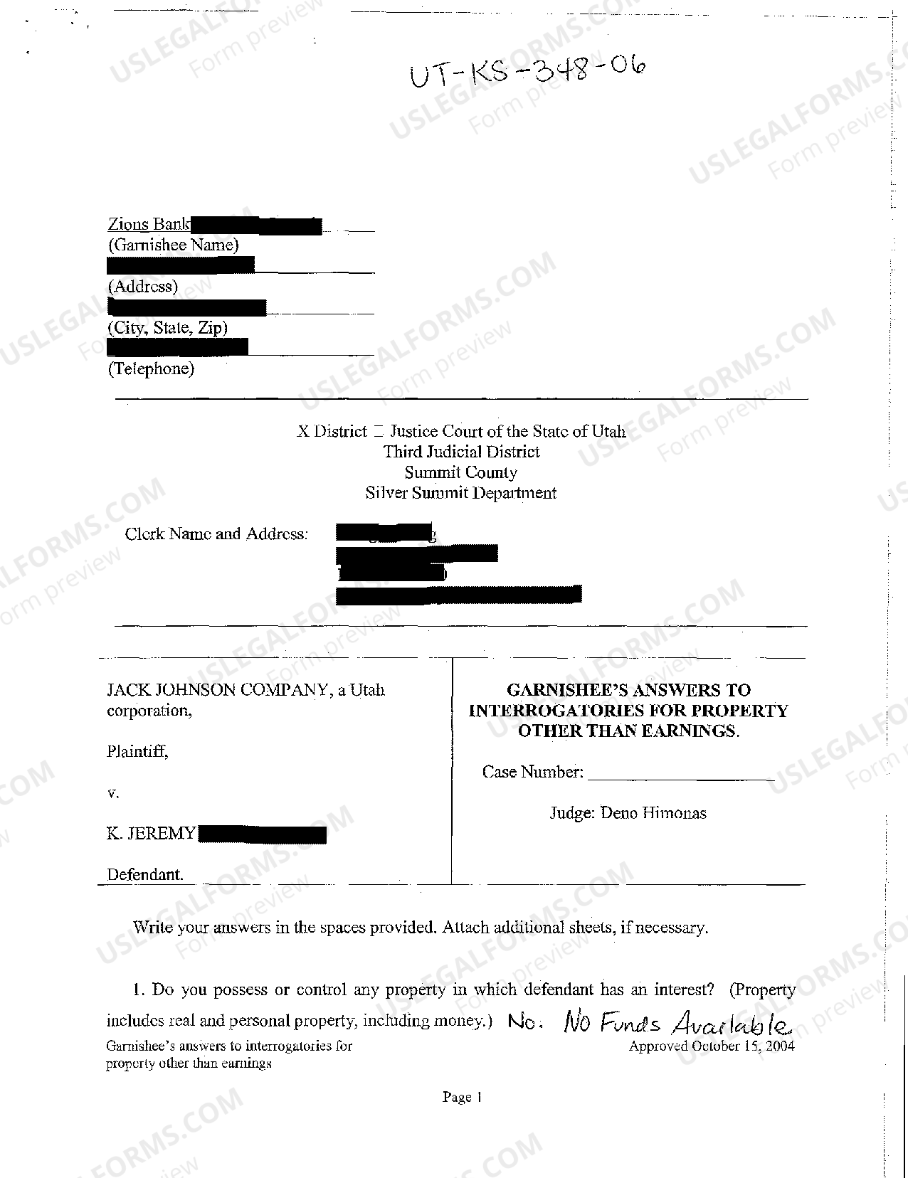 Utah Garnishee's Answers to Interrogatories for Property Other than Earning | US Legal Forms