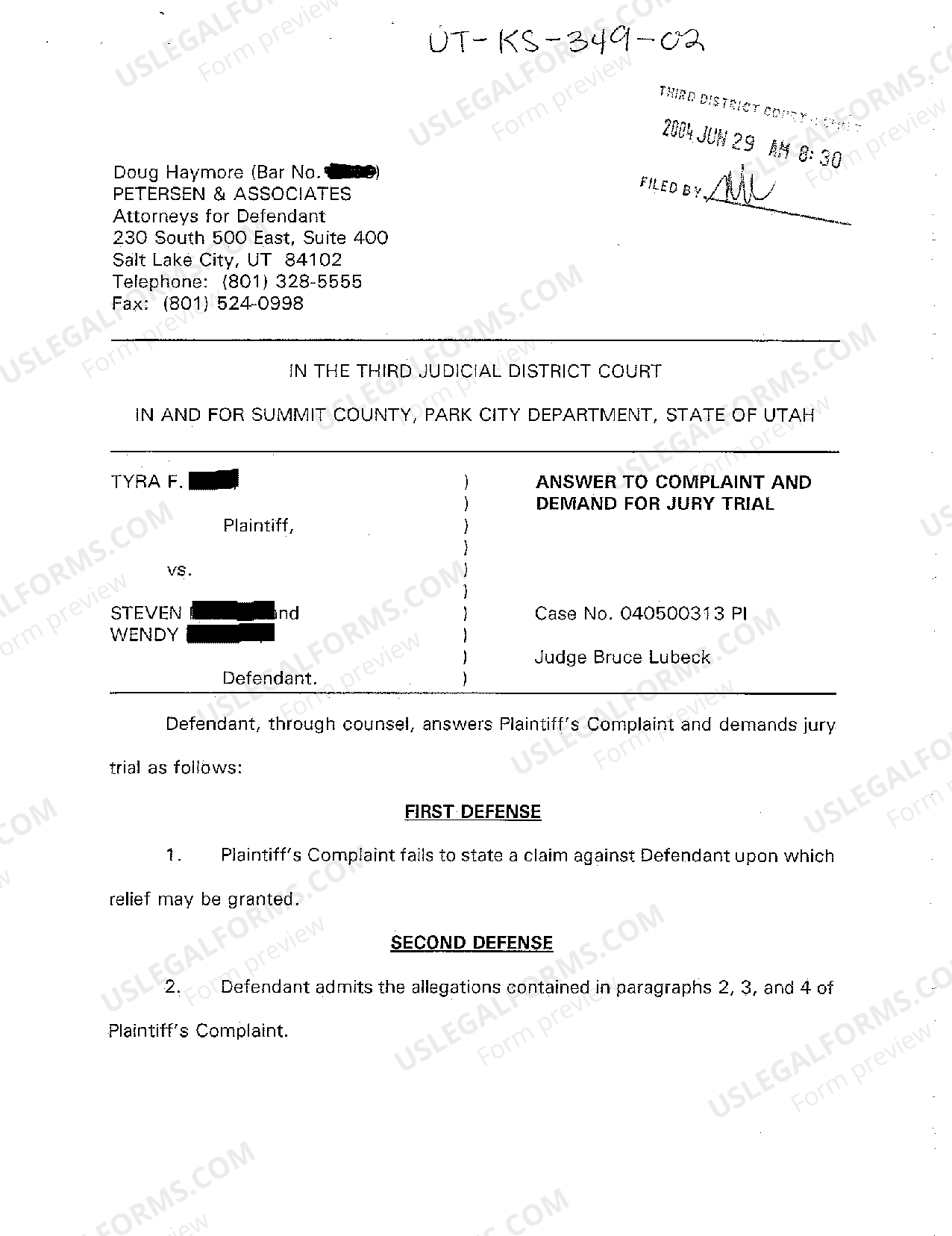 Utah Answer to Complaint and Demand for Jury Trail | US Legal Forms
