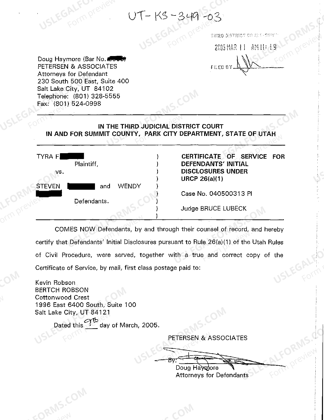 Utah Certificate of Service for Defendants' Initial Disclosures under ...