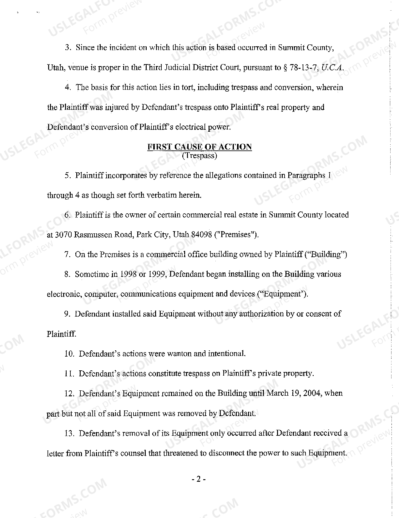 Utah Complaint and Jury Demand - Trespass and Conversion | US Legal Forms