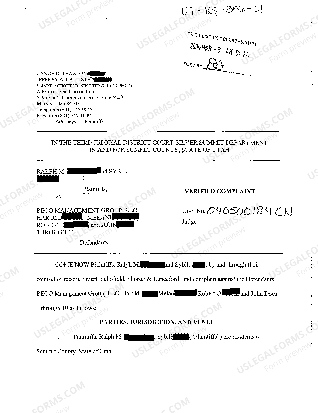 Utah Verified Complaint - Breach of Contract and Covenant of Good Faith ...