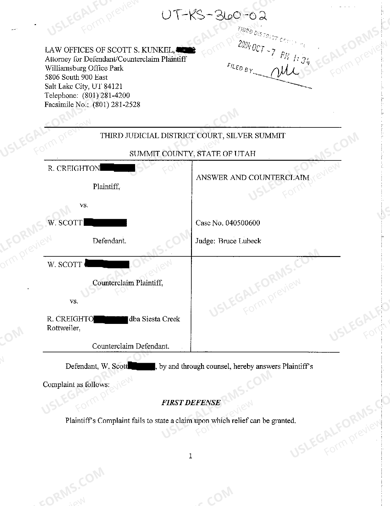 Utah Answer and Counterclaim | US Legal Forms