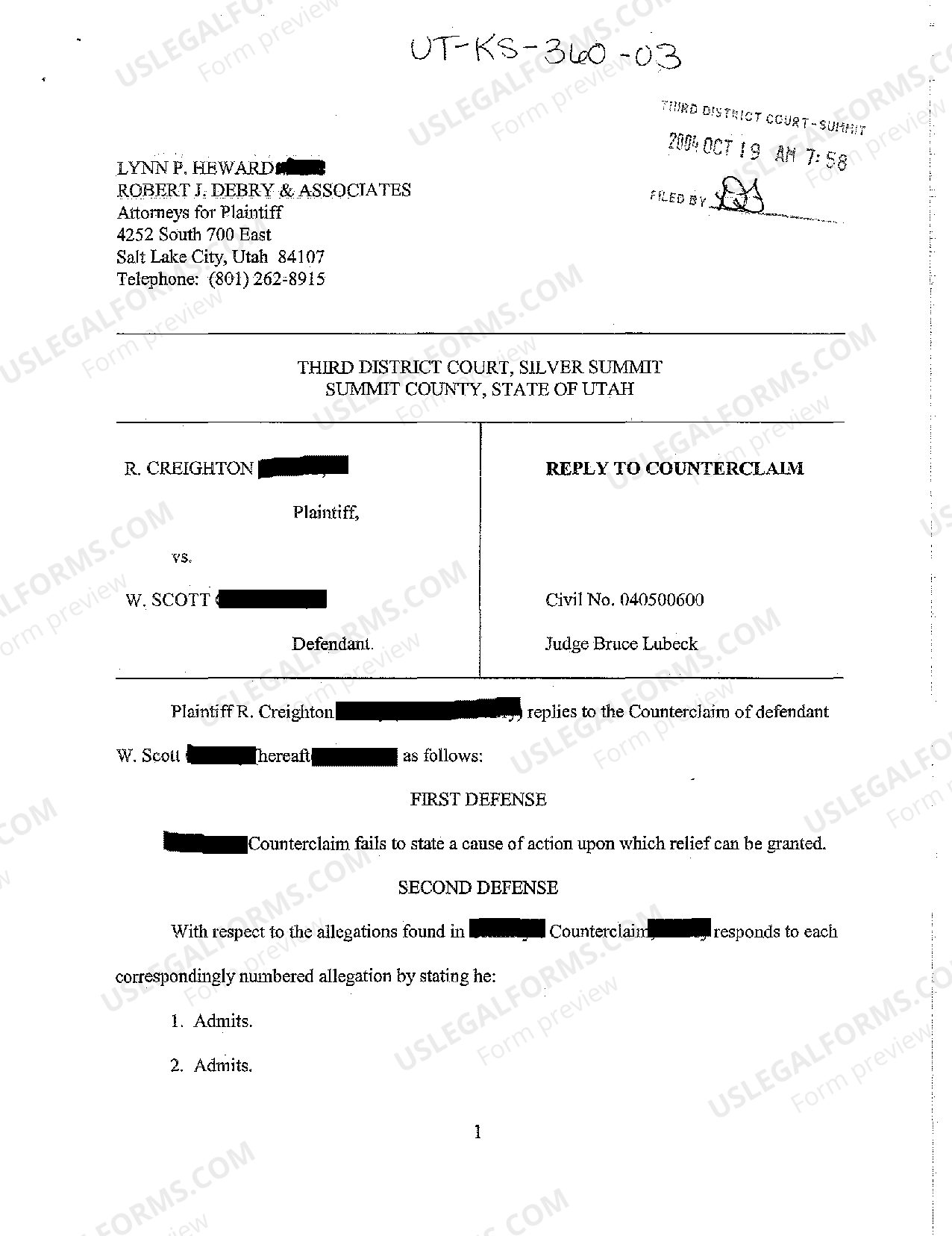 Utah Reply to Counterclaim | US Legal Forms