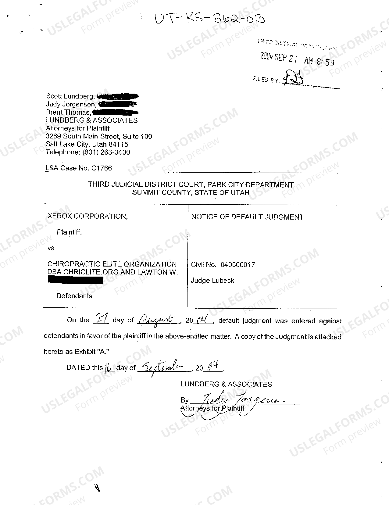 Provo Utah Notice of Default Judgment Against Defendant | US Legal Forms