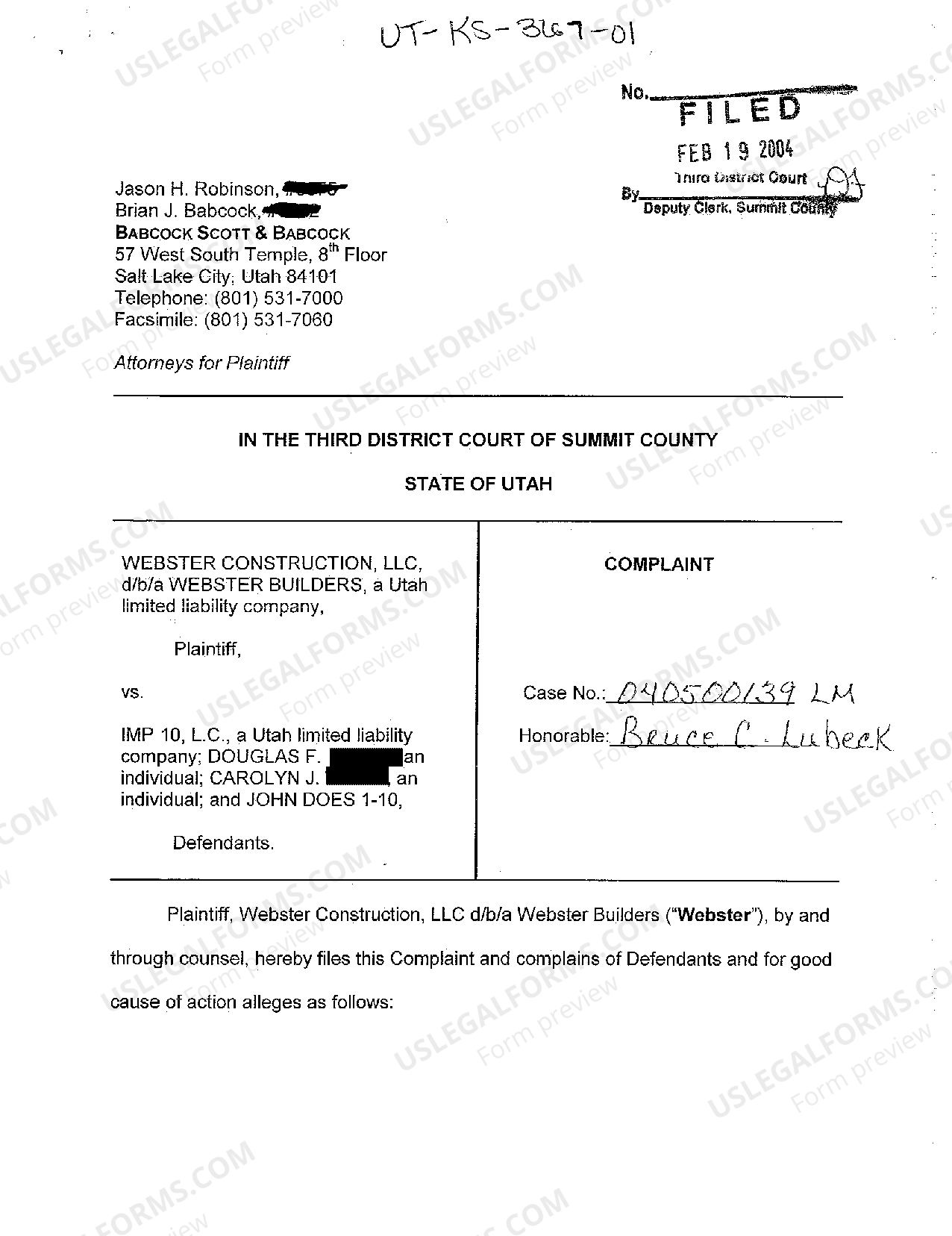 Utah Complaint - Unjust Enrichment, Failure to Obtain Payment Bond ...
