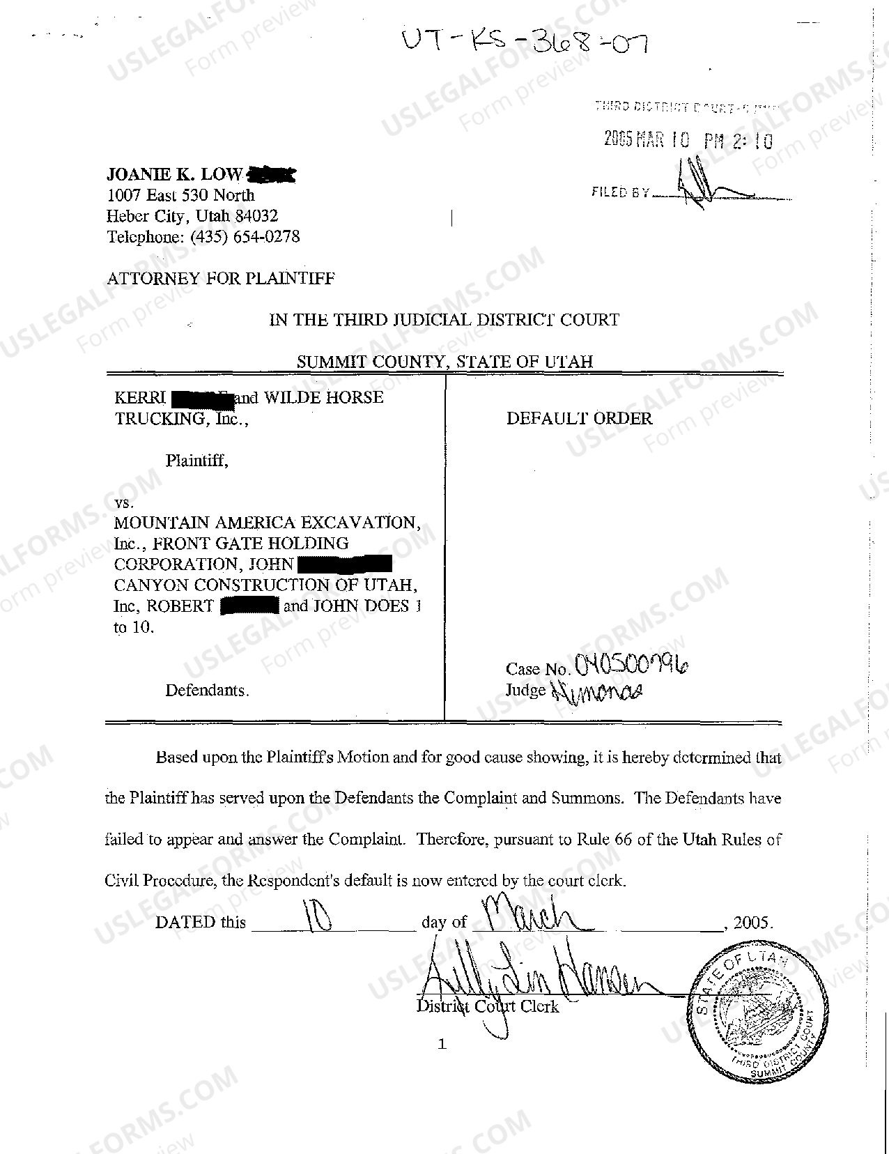 Utah Default Order Against Defendants | US Legal Forms