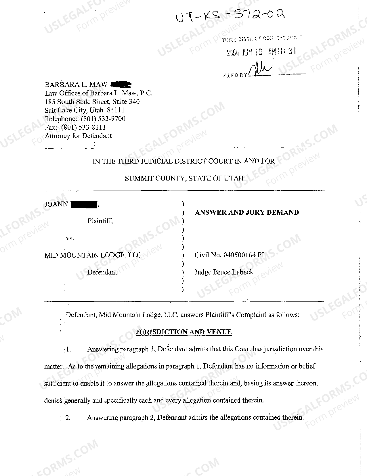 Utah Answer and Jury Demand | US Legal Forms
