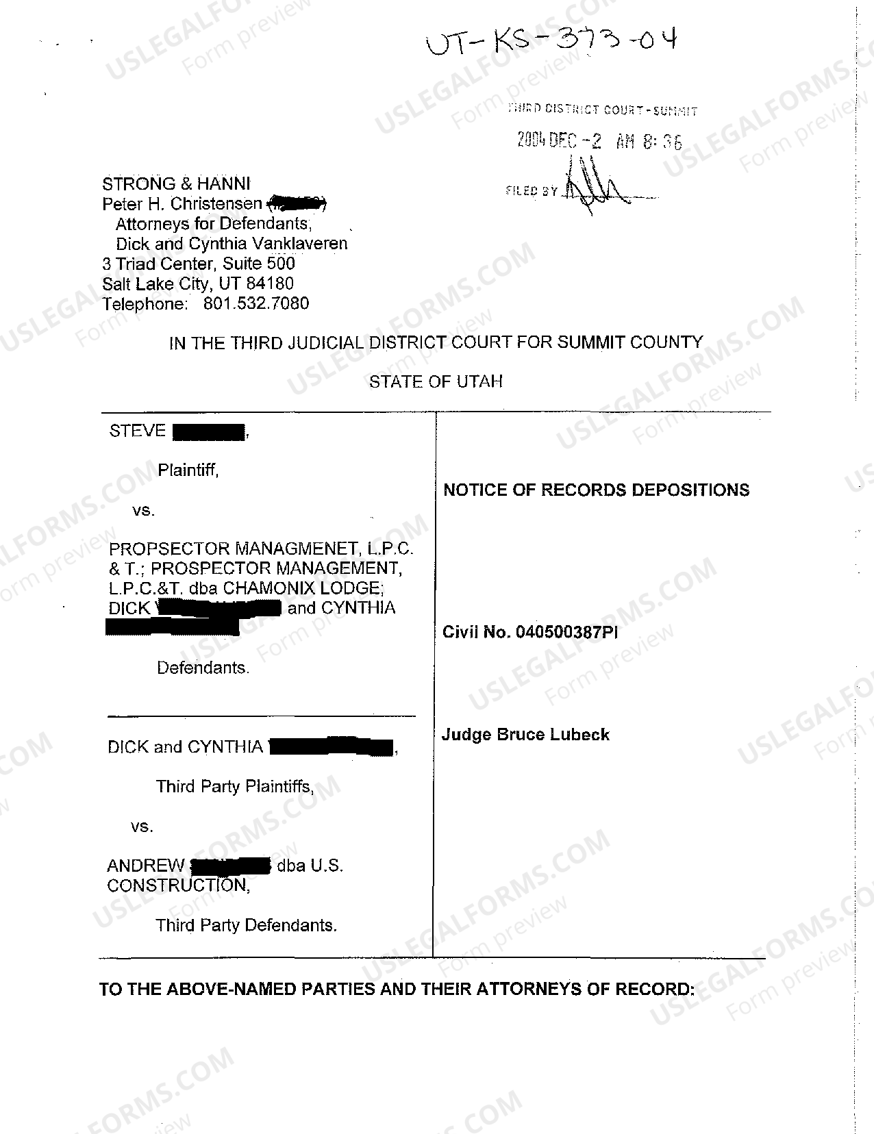 Salt Lake Utah Notice of Records Depositions | US Legal Forms