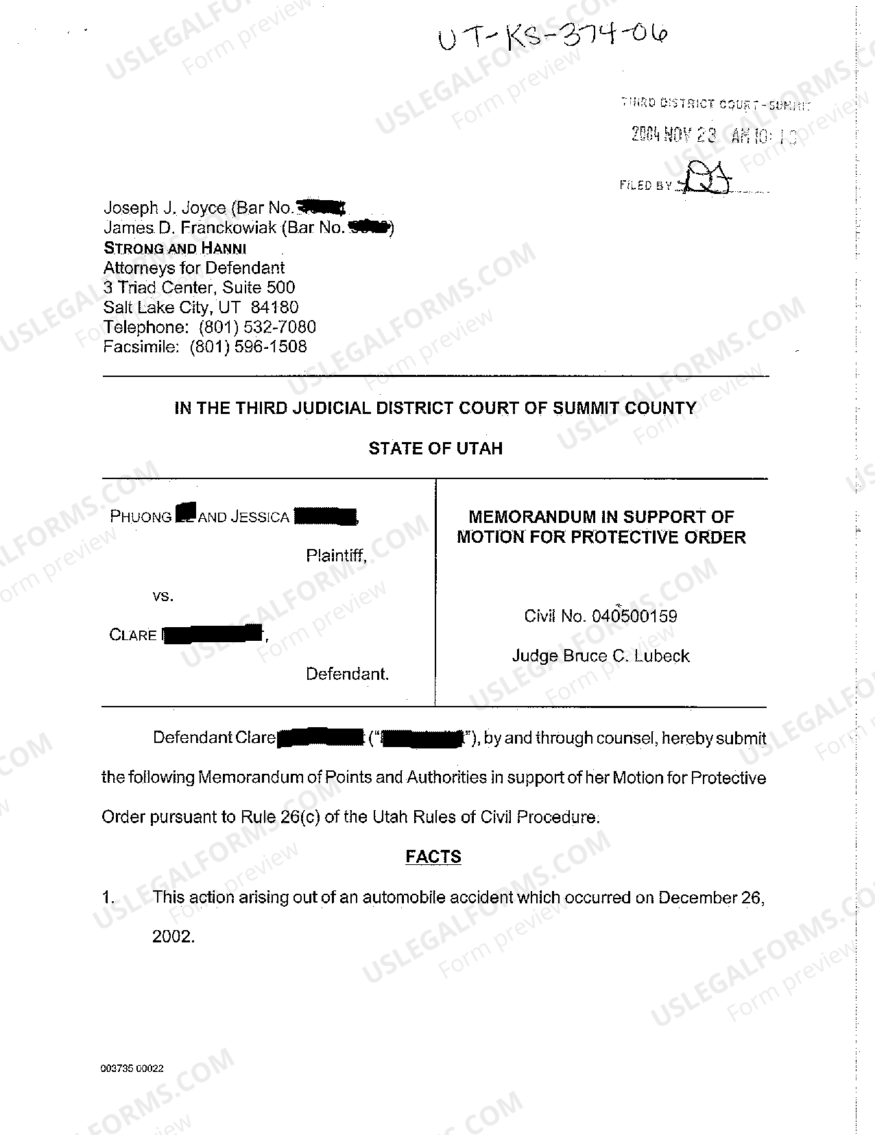 Utah Memorandum in Support of Motion for Protective Order | US Legal Forms