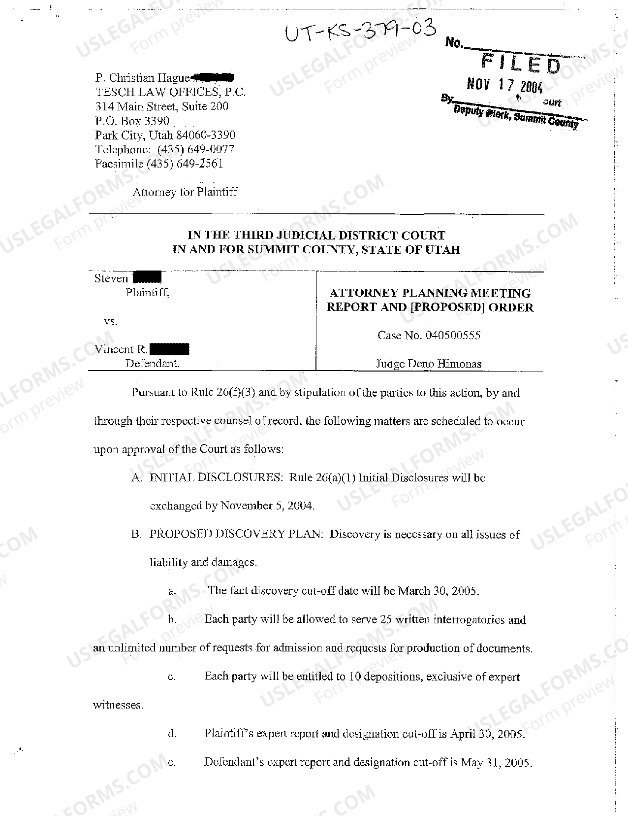 Utah Attorney Planning Meeting Report and Proposed Order | US Legal Forms