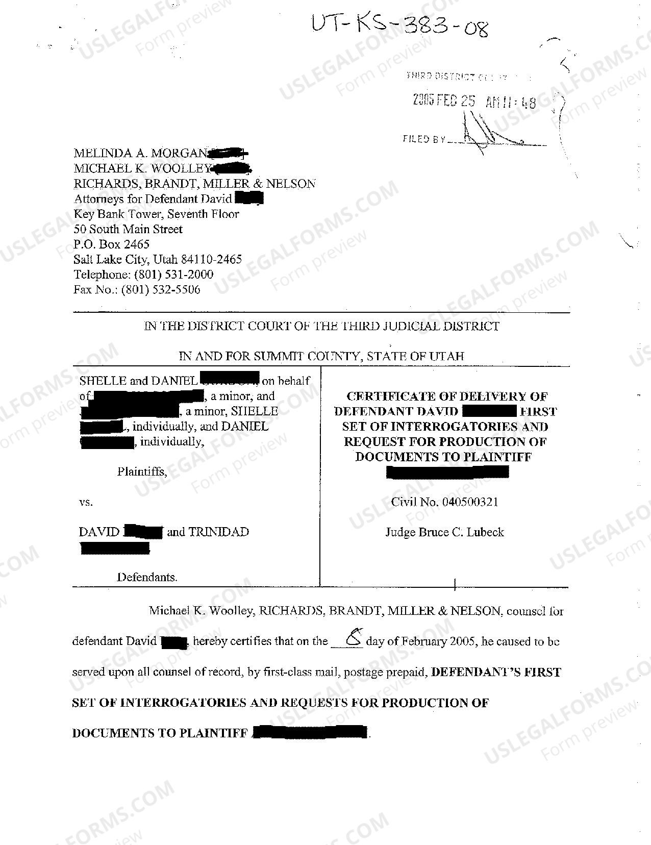 Utah Certificate of Delivery of Defendant's First Set of ...