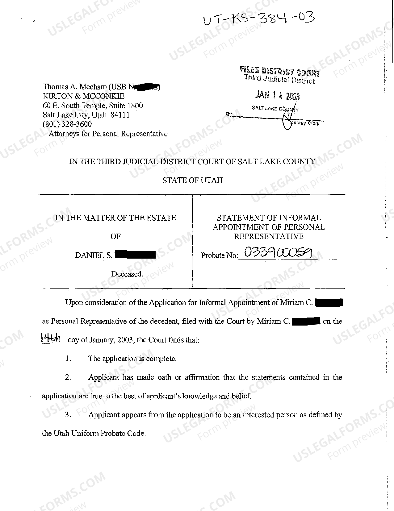 Utah Statement of Informal Appointment of Personal Representative | US ...