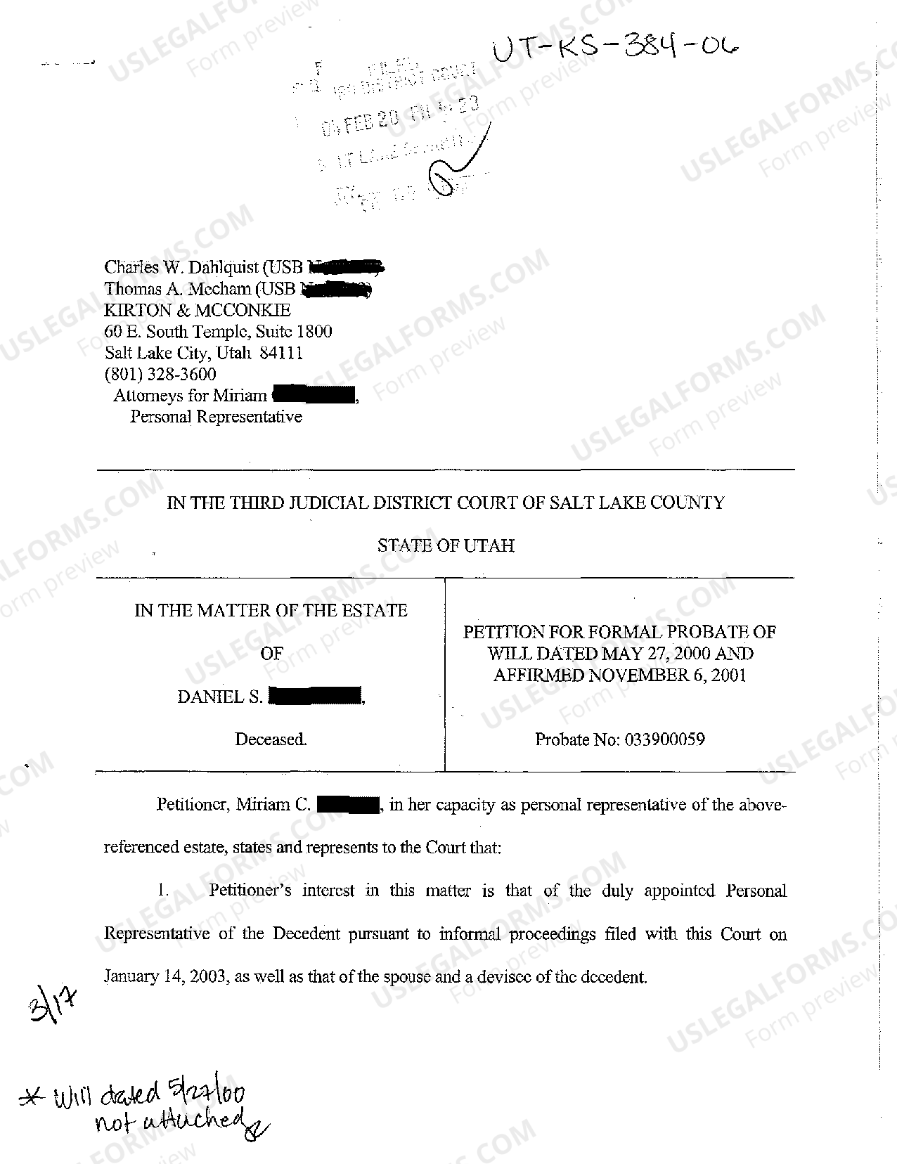 Utah Petition for Formal Probate of will Dated May 27, 2000 and Affirmed November 6, 2001 | US ...