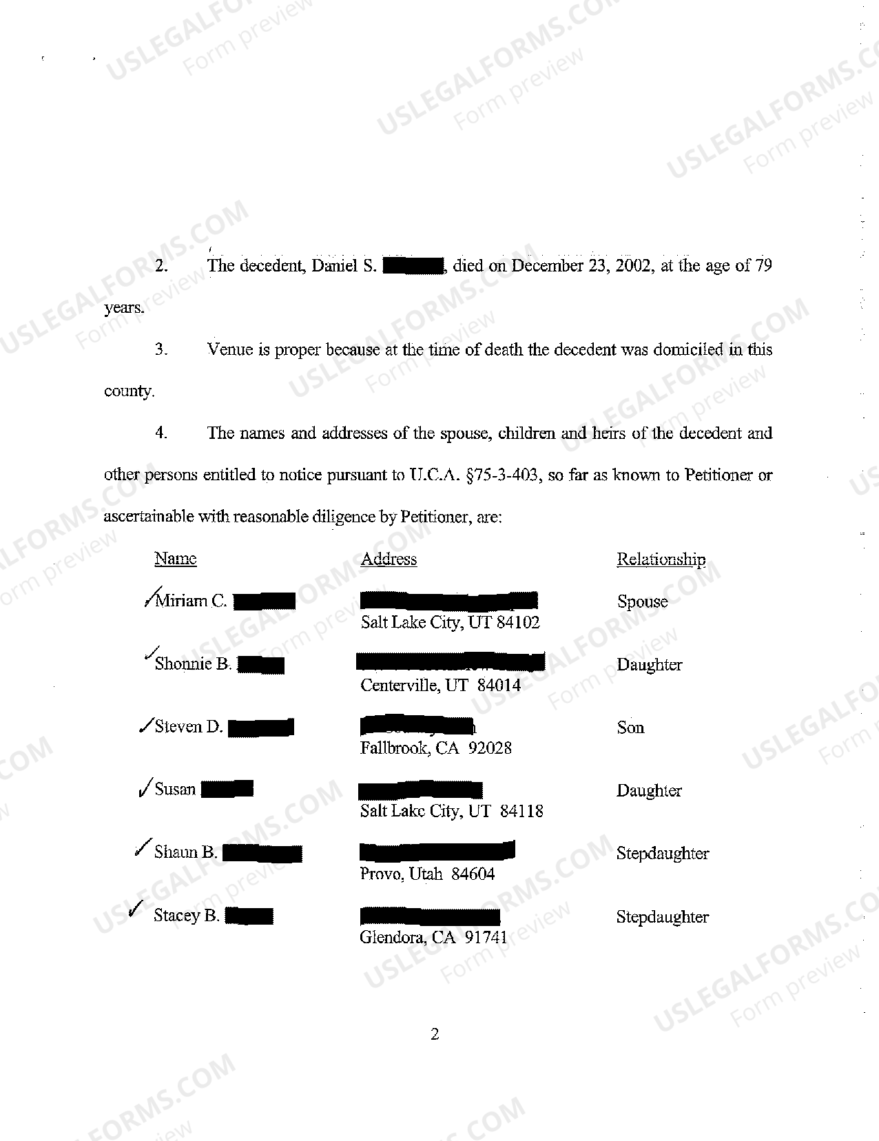 Utah Petition for Formal Probate of will Dated May 27, 2000 and Affirmed November 6, 2001 | US ...