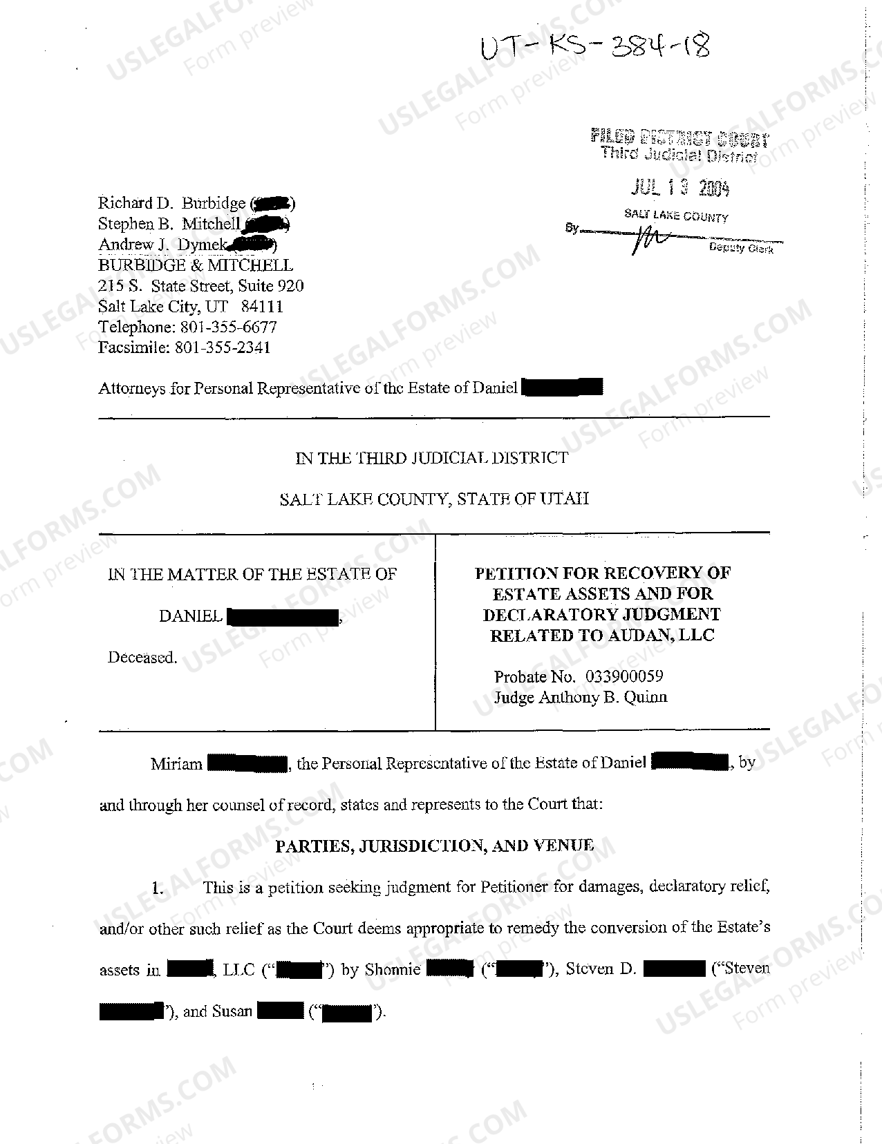 Utah Petition for Recovery of Estate Assets and for Declaratory ...