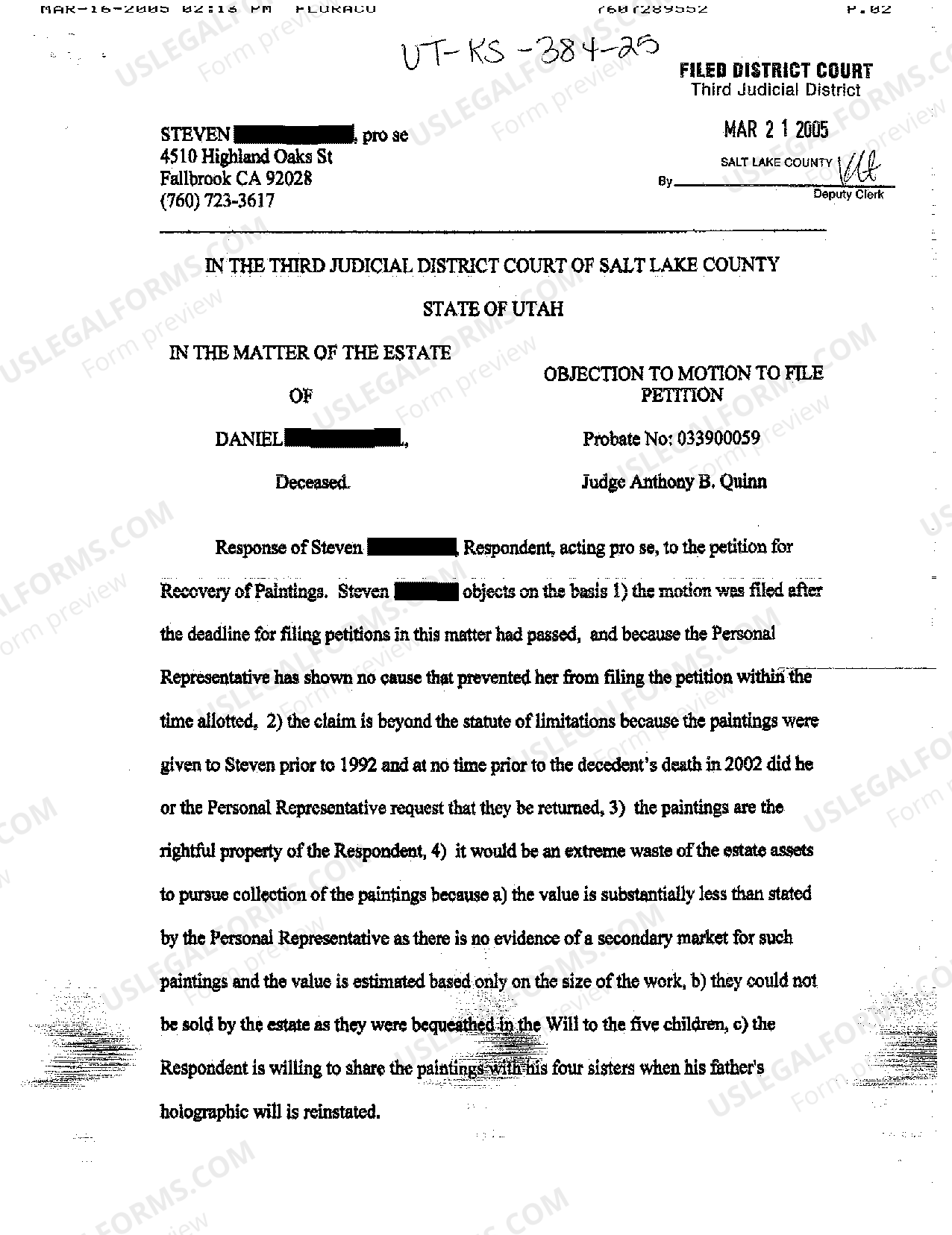 Utah Objection to Motion to File Petition for Recovery of Paintings | US Legal Forms