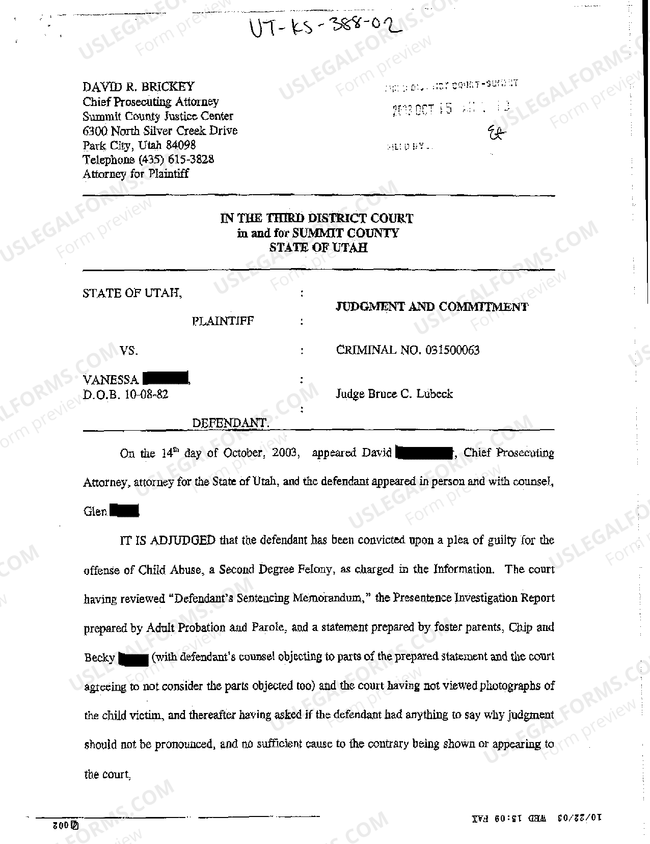 Utah Judgment and Commitment of Prior Suit | US Legal Forms