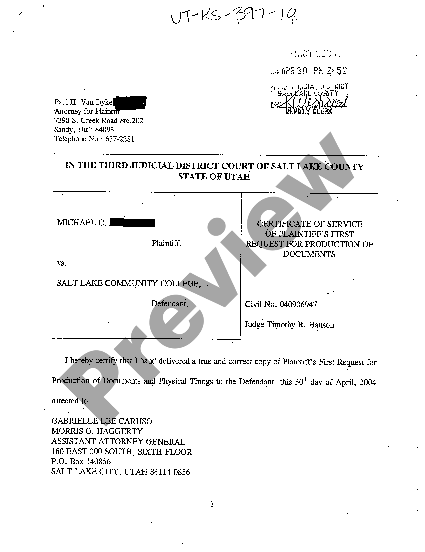 Utah Certificate Of Service Of Plaintiff s First Request For Production utah-certificate-of-service-of-plaintiff-s-first-request-for-production
