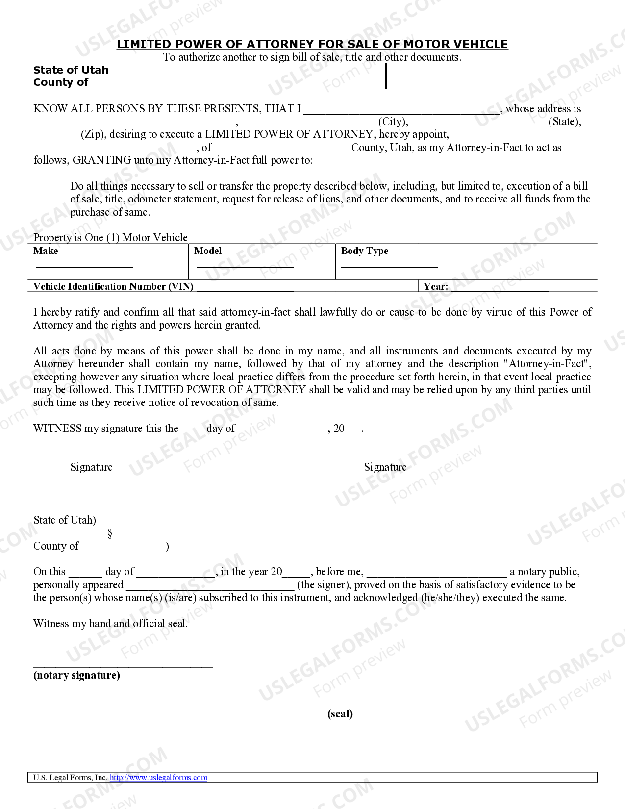 Utah Power of Attorney for Sale of Motor Vehicle - Utah Dmv Power Of ...