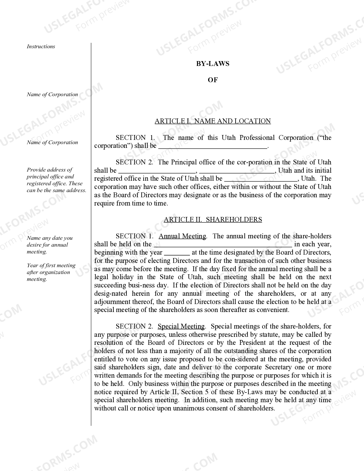 Sample Bylaws for a Utah Professional Corporation | US Legal Forms
