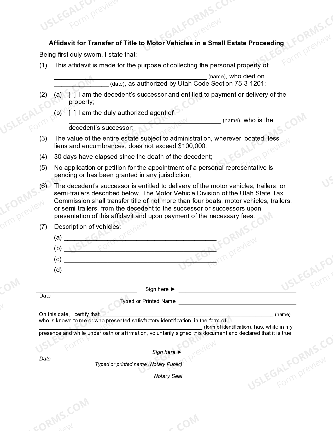 Utah Affidavit for Transfer of Title to Motor Vehicle in a Small Estate ...