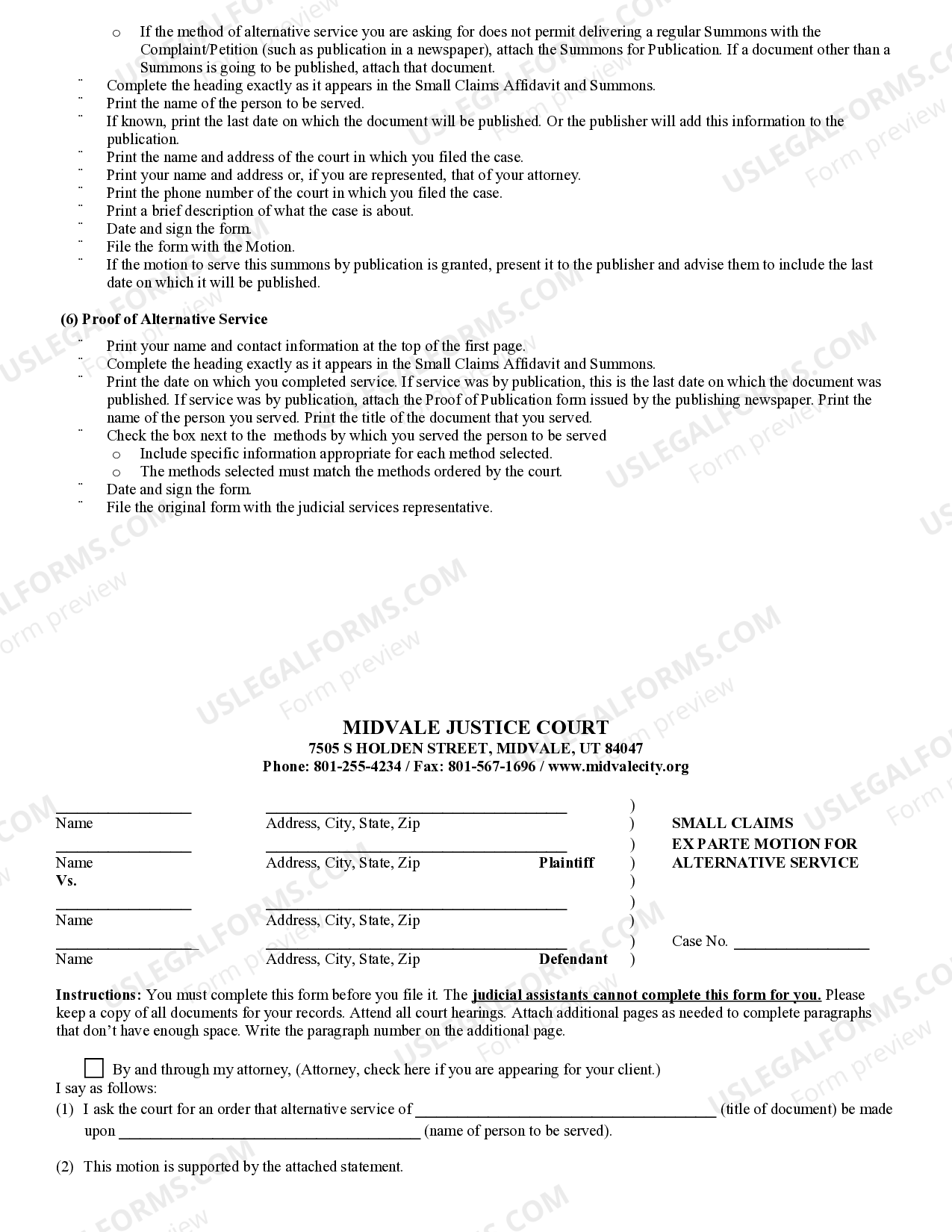 Utah Small Claims Ex Parte Motion for Alternative Service | US Legal Forms
