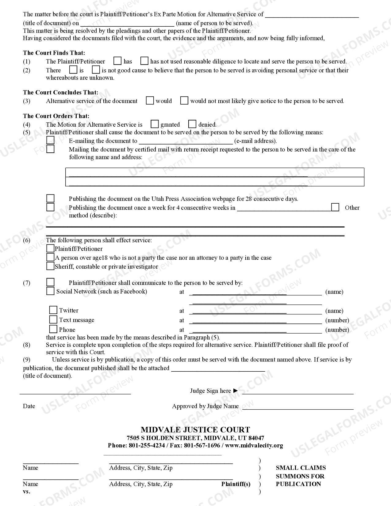 Utah Small Claims Ex Parte Motion for Alternative Service | US Legal Forms