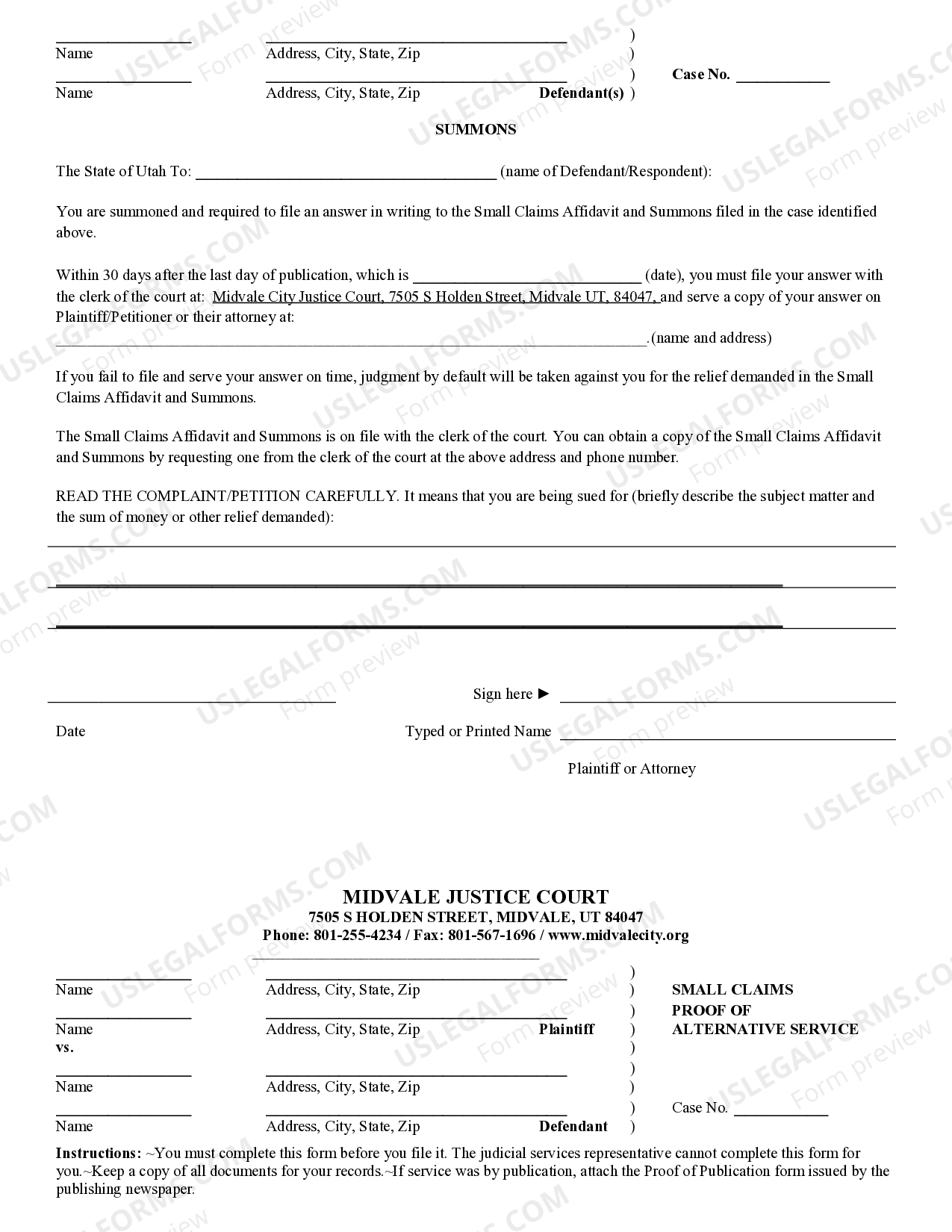 Utah Small Claims Ex Parte Motion for Alternative Service | US Legal Forms