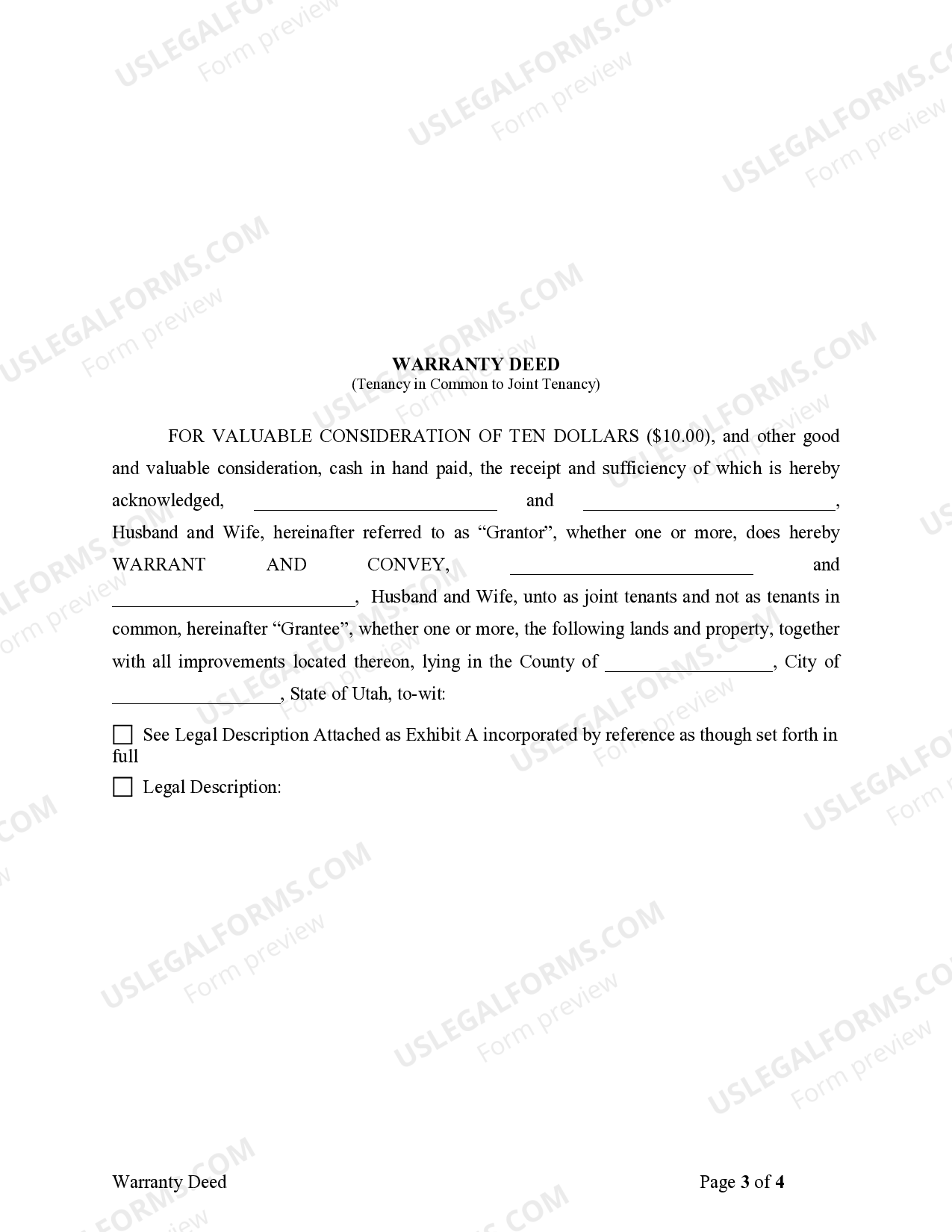 Utah Warranty Deed for Husband and Wife Converting Property from Tenants in Common to Joint ...