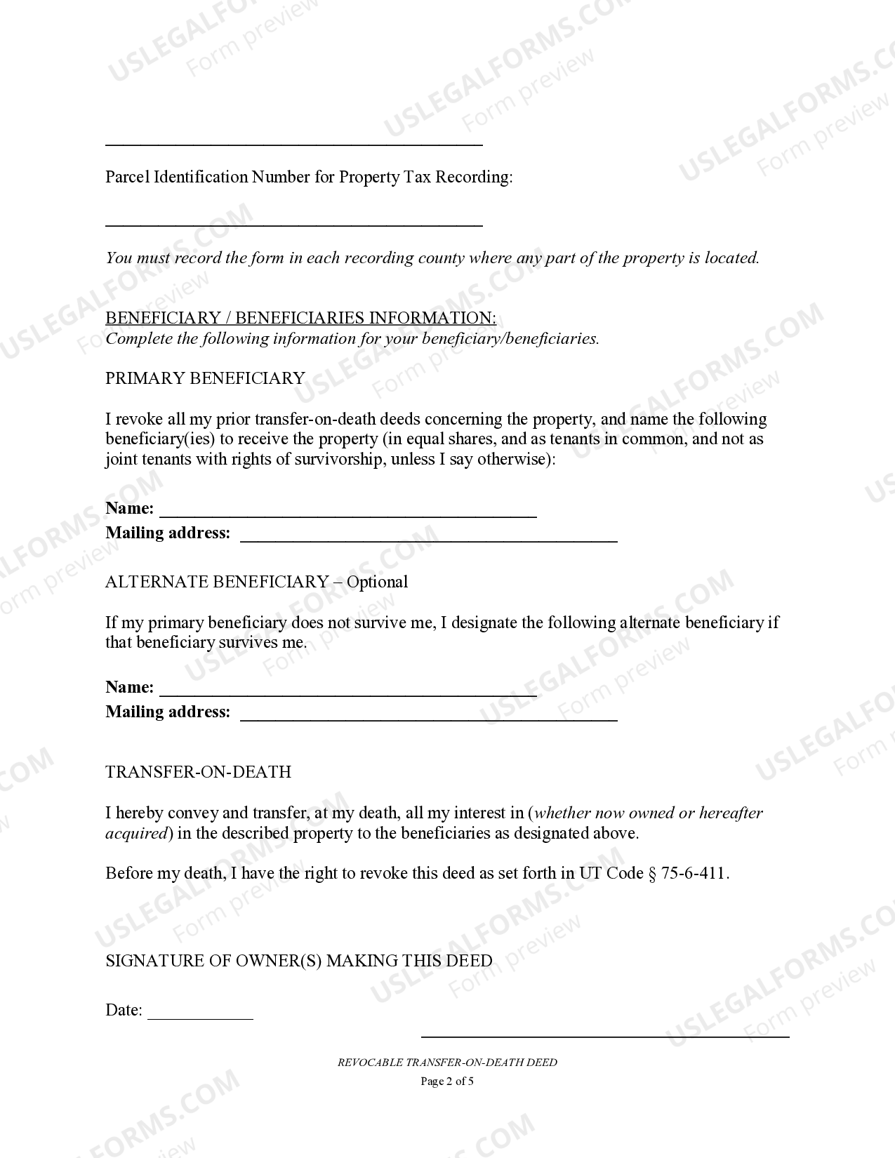 Utah Transfer on Death Deed or TOD - Beneficiary Deed for Individual to ...