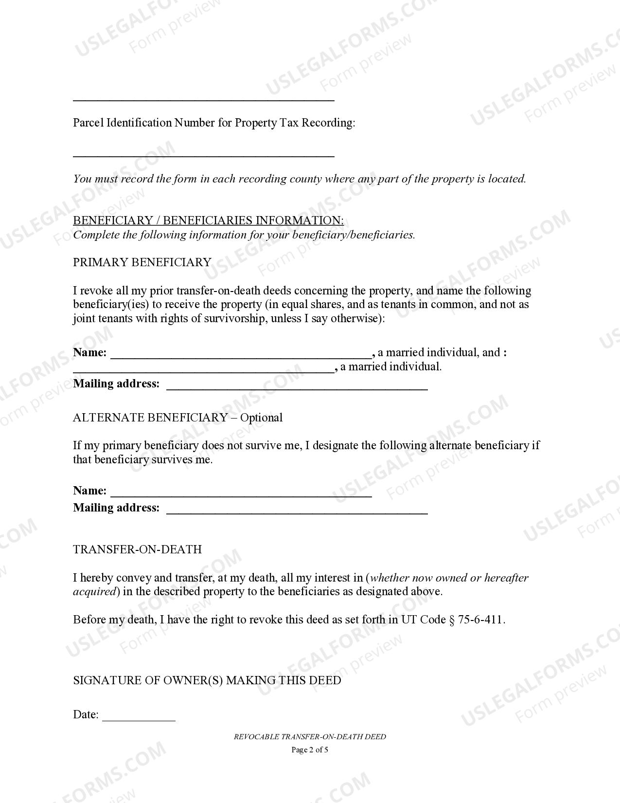 Utah Transfer on Death Deed or TOD - Beneficiary Deed for Individual to ...