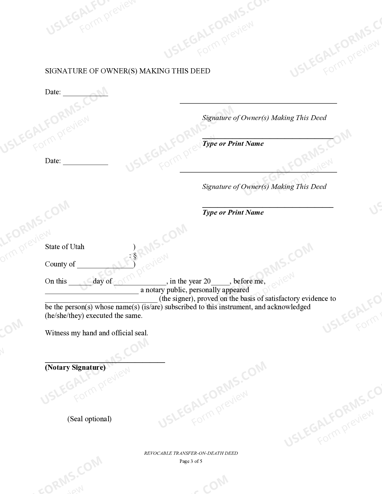 Utah Transfer on Death Deed or TOD - Beneficiary Deed for Two Married ...