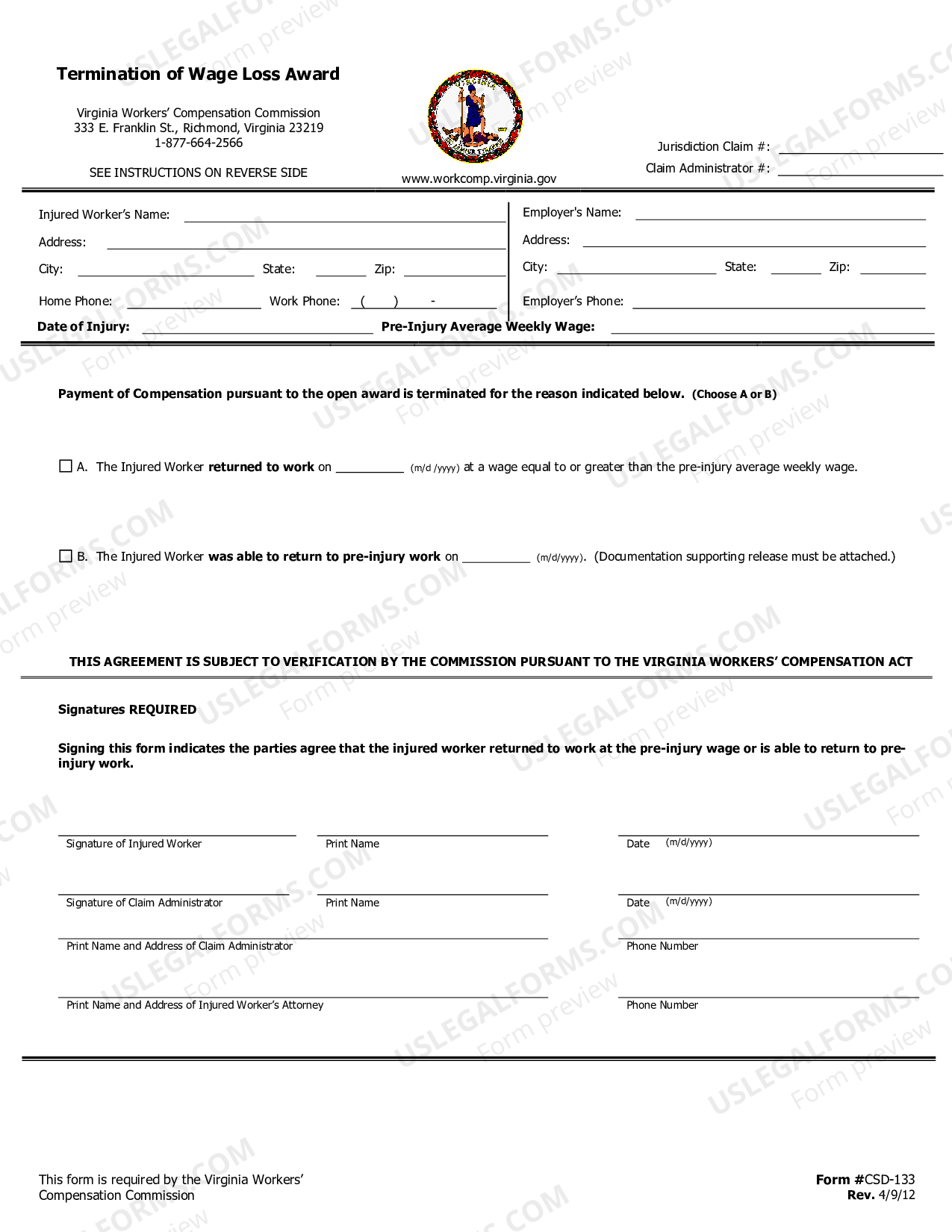 Virginia Termination Of Wage Loss Award For Workers Compensation US Virginia Termination Of Wage Loss Award For Workers Compensation US