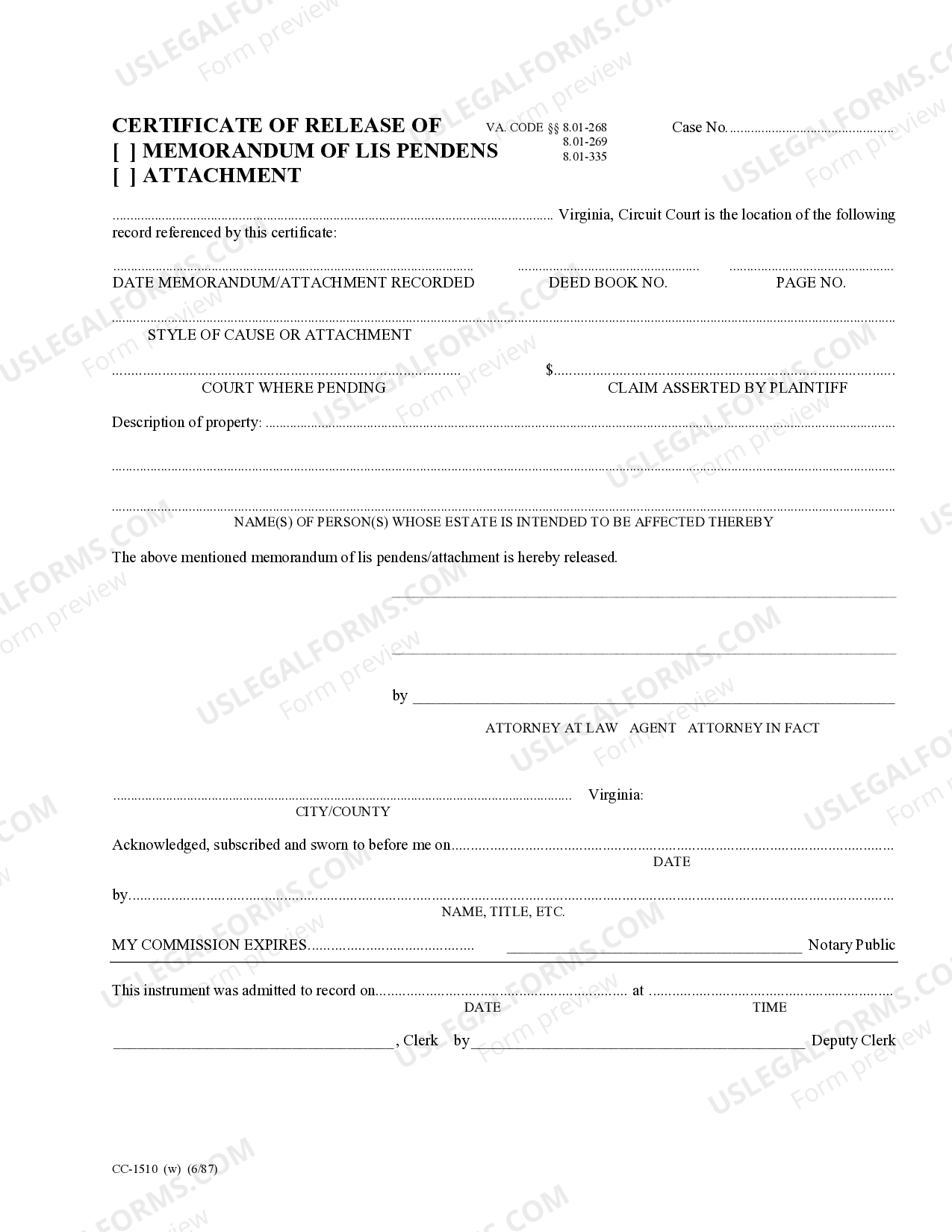 Virginia Certificate of Release of Memorandum of Lis Pendens or Attachment | US Legal Forms