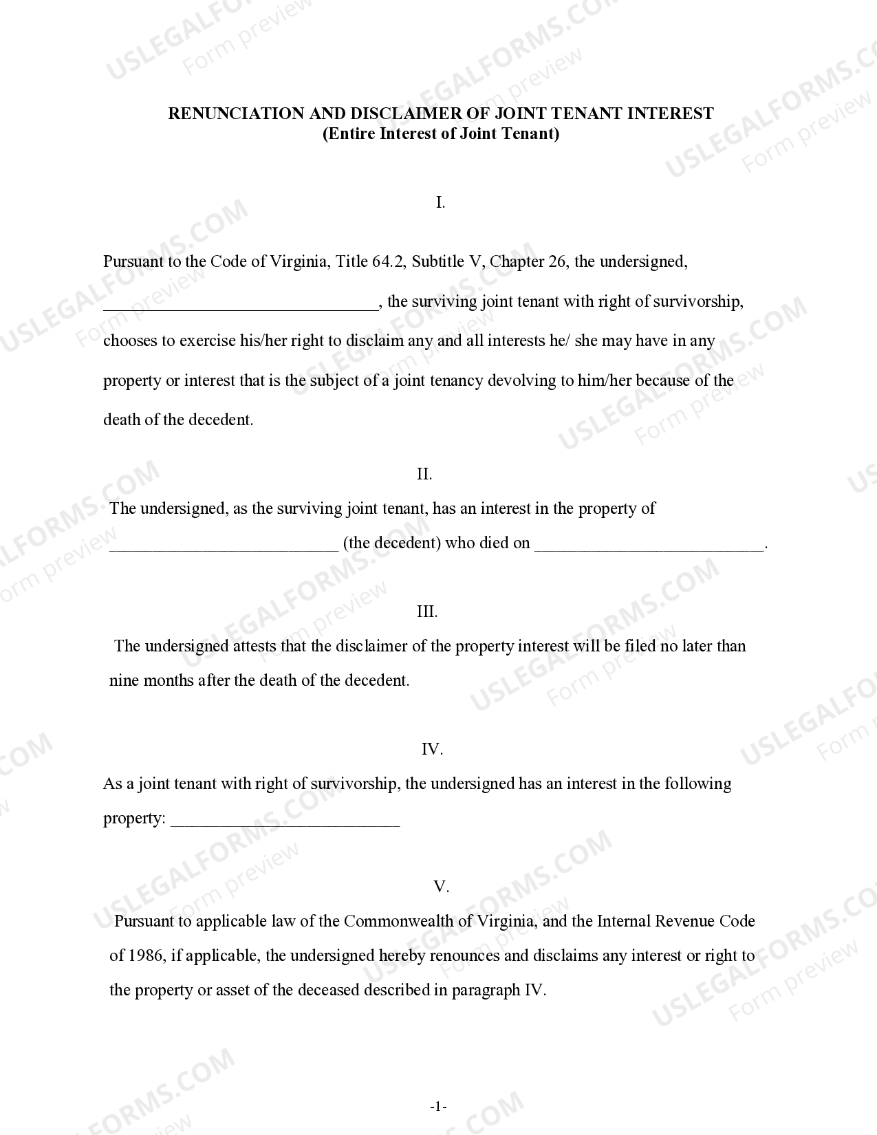 Virginia Renunciation And Disclaimer of Joint Tenant or Tenancy ...