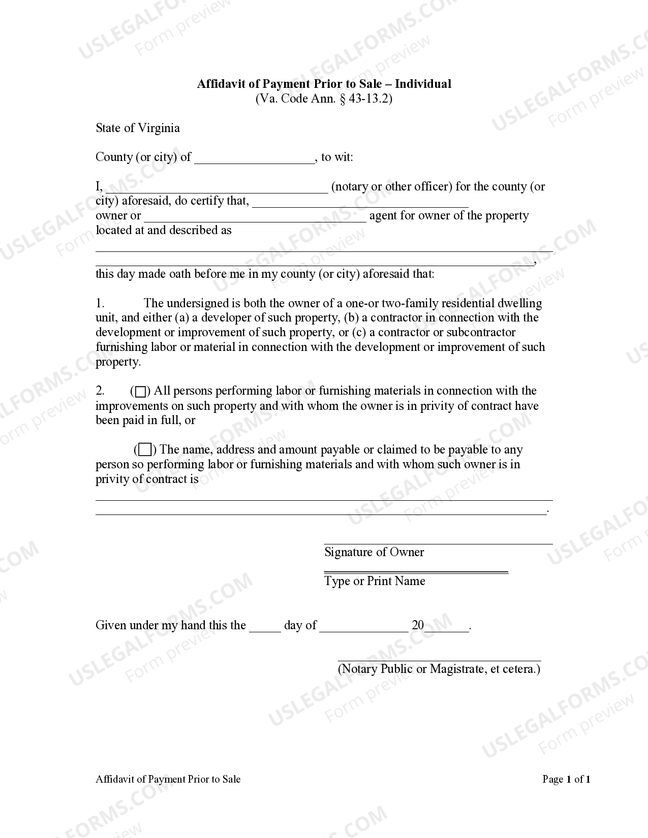 Virginia Affidavit of Payment Prior to Sale - Individual - Affidavit ...
