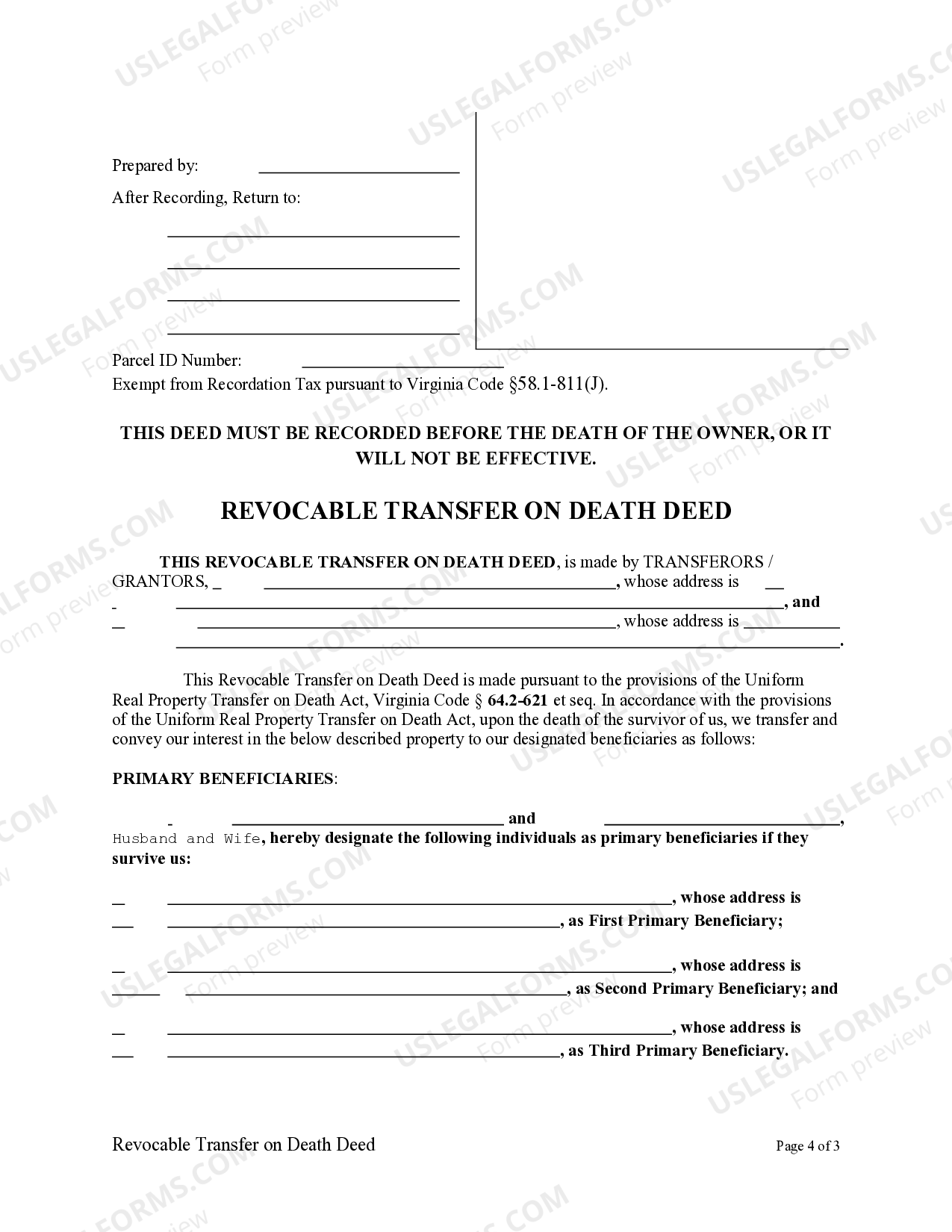 Virginia Revocable Transfer on Death Deed from Husband and Wife, or Two ...