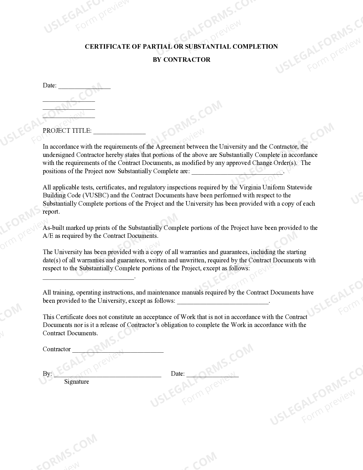 Virginia Certificate of Partial or Substantial Completion by Contractor ...