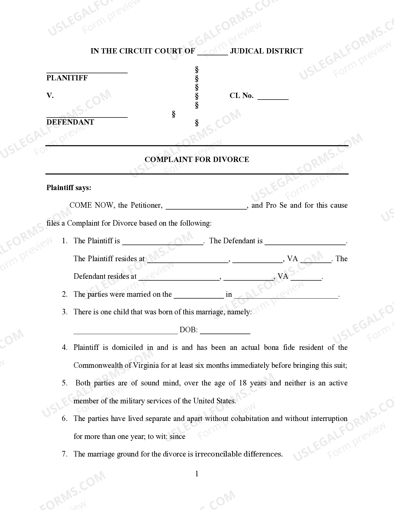 Virginia Complaint for Divorce for irreconcilable differences | US ...