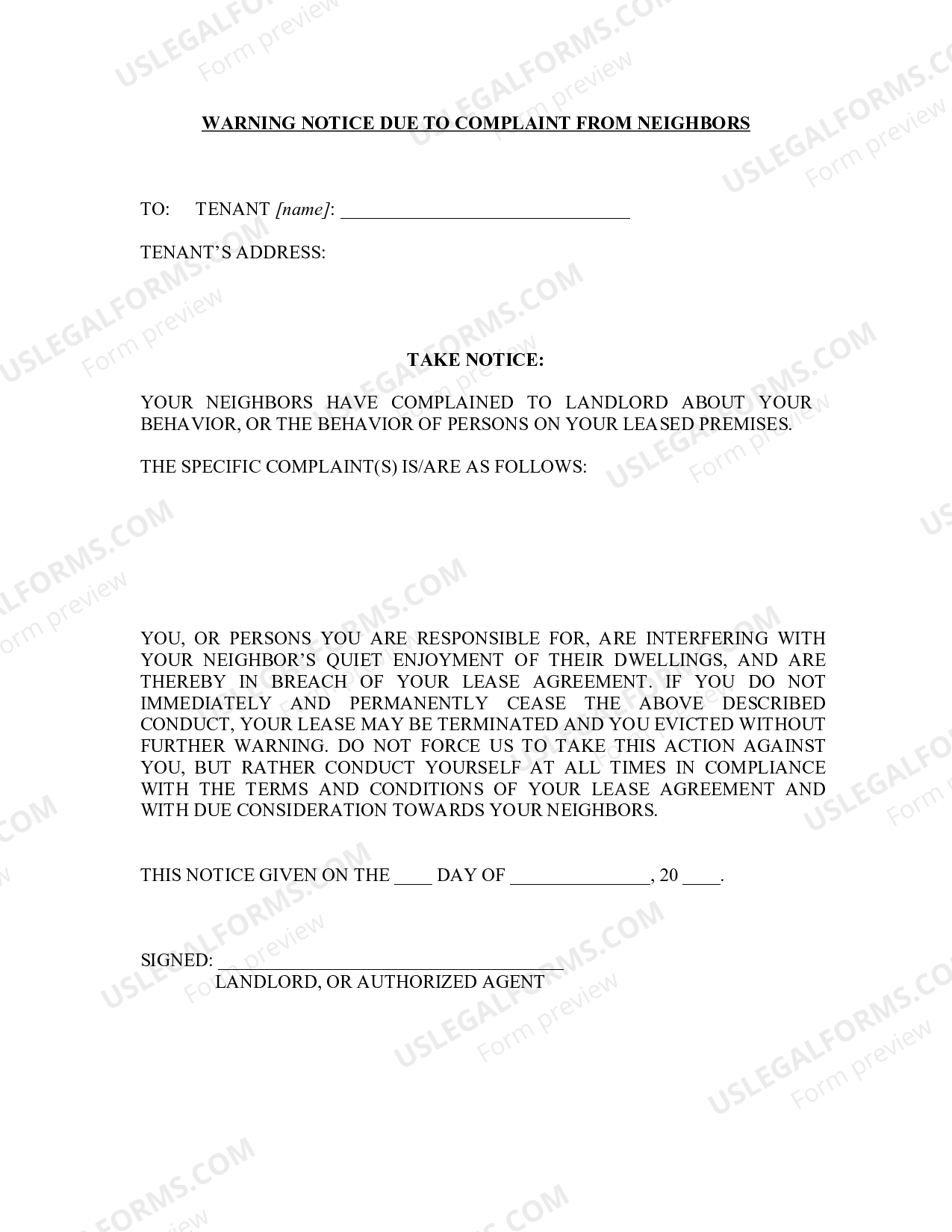 Virginia Warning Notice Due to Complaint from Neighbors - Noise ...