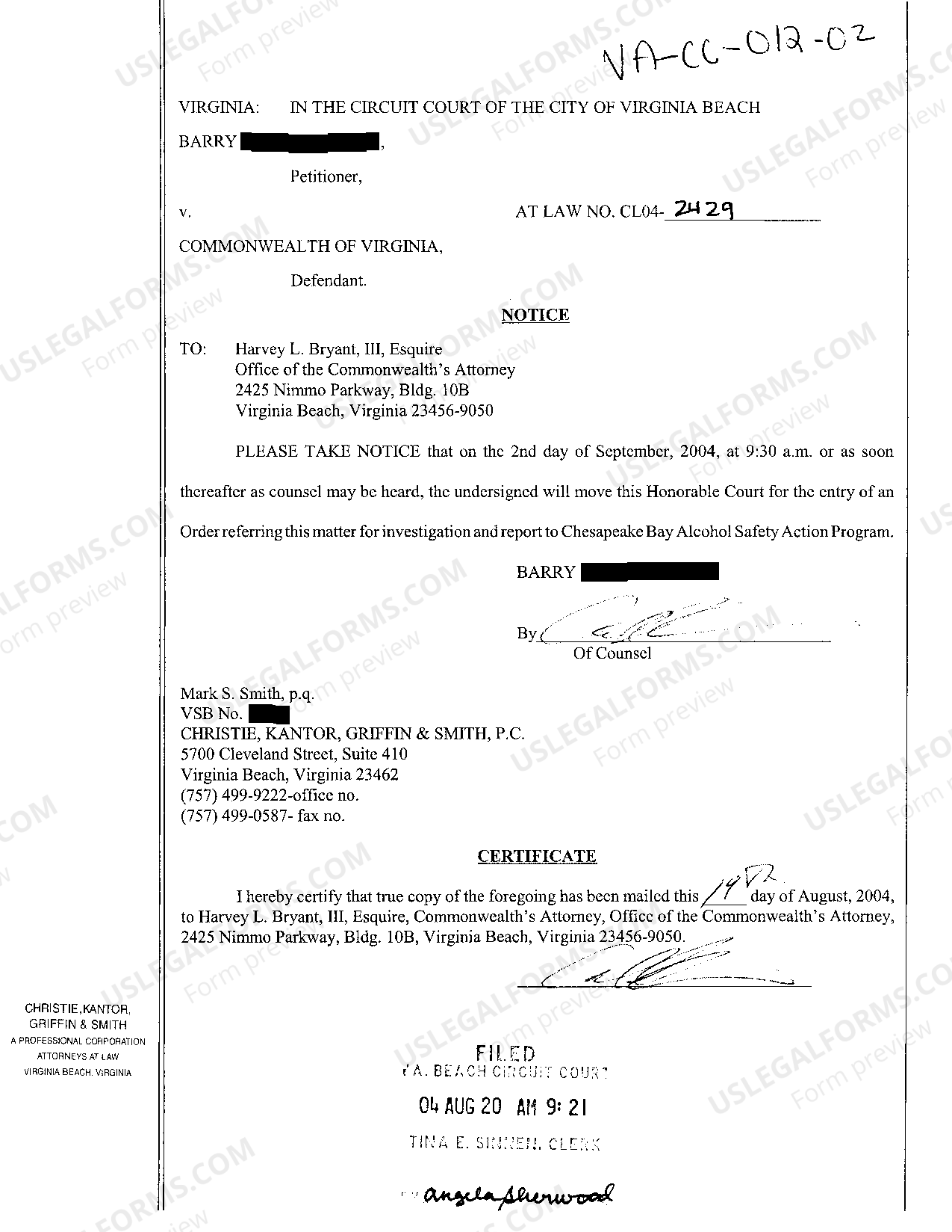 Virginia Notice of Petition for Restoration | US Legal Forms