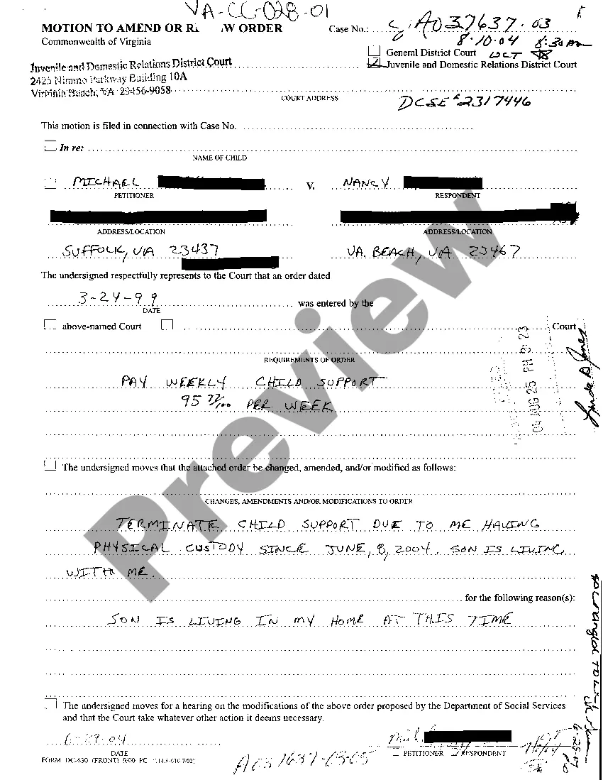 Virginia Motion To Amend Or Review Order For Support Motion To Amend