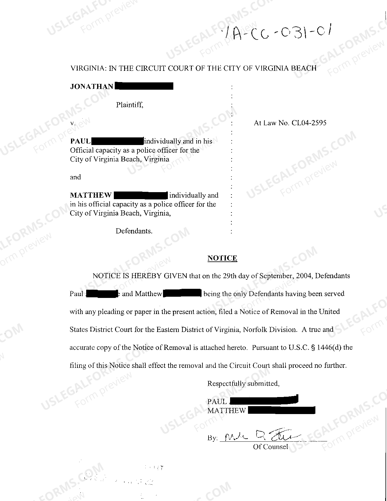 Virginia Notice of Filing of Notice of Removal | US Legal Forms