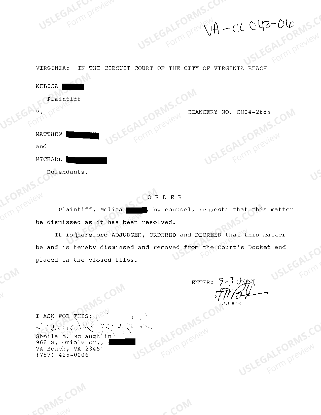 Virginia Order of Dismissal | US Legal Forms