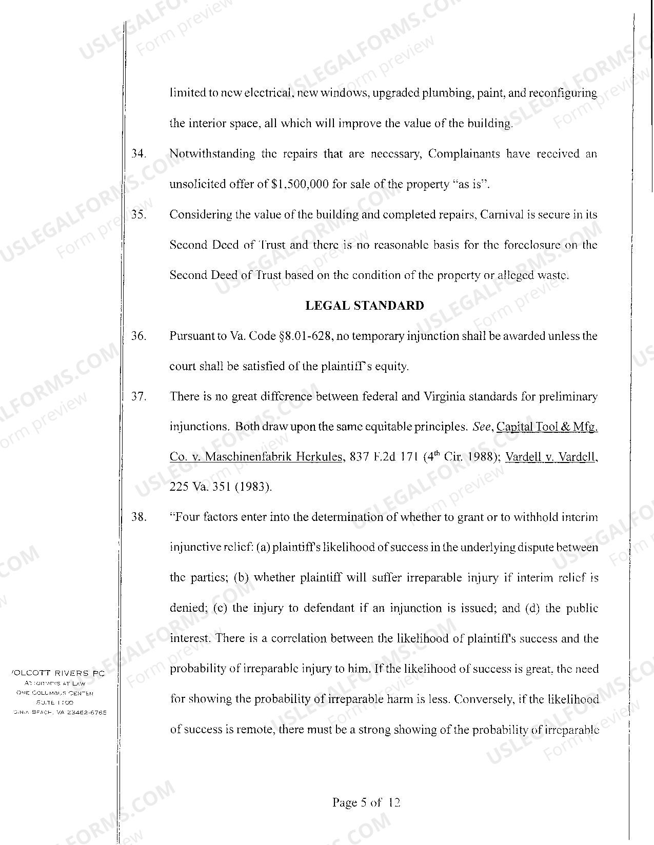 Virginia Bill of Complaint for Preliminary And Permanent Injunctive Relief regarding Foreclosure ...