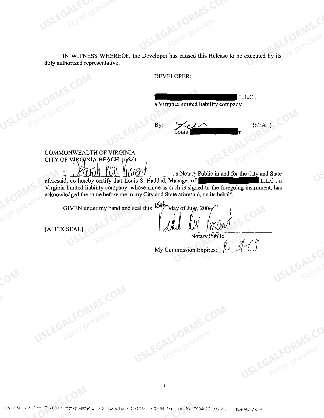 Virginia First Release From Master Declaration of Covenants And ...