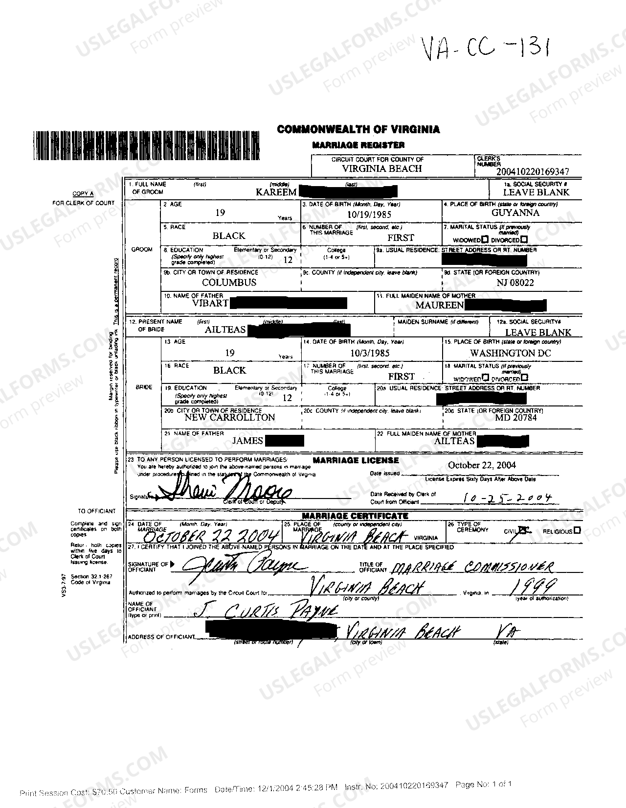 Virginia Marriage Register | US Legal Forms