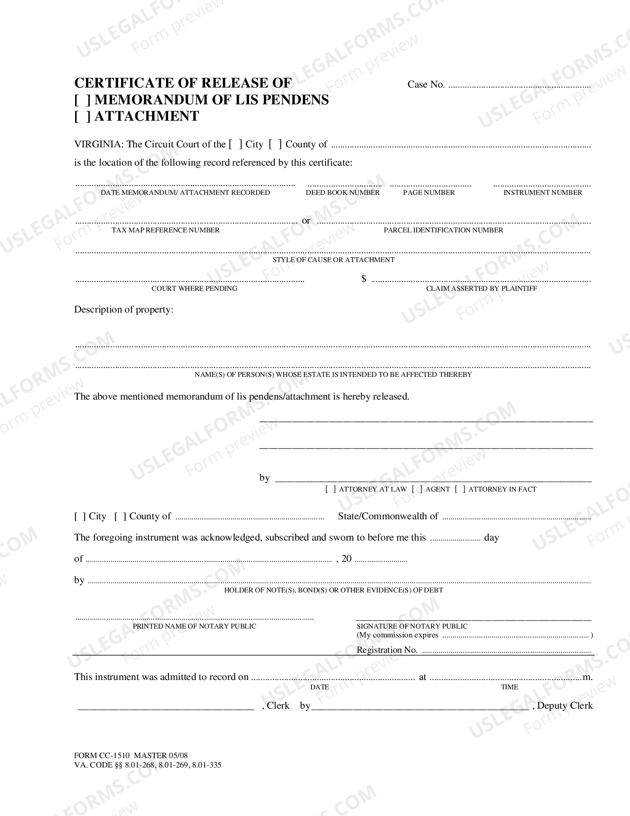 Virginia Certificate of Release of Memorandum of Lis Pendens Attachment ...