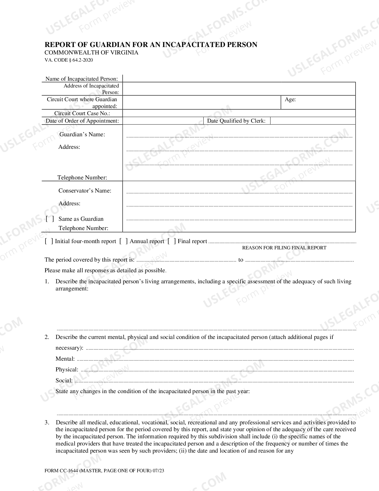 Virginia Report of Guardian for an Incapacitated Person - Form Cc 1644 ...