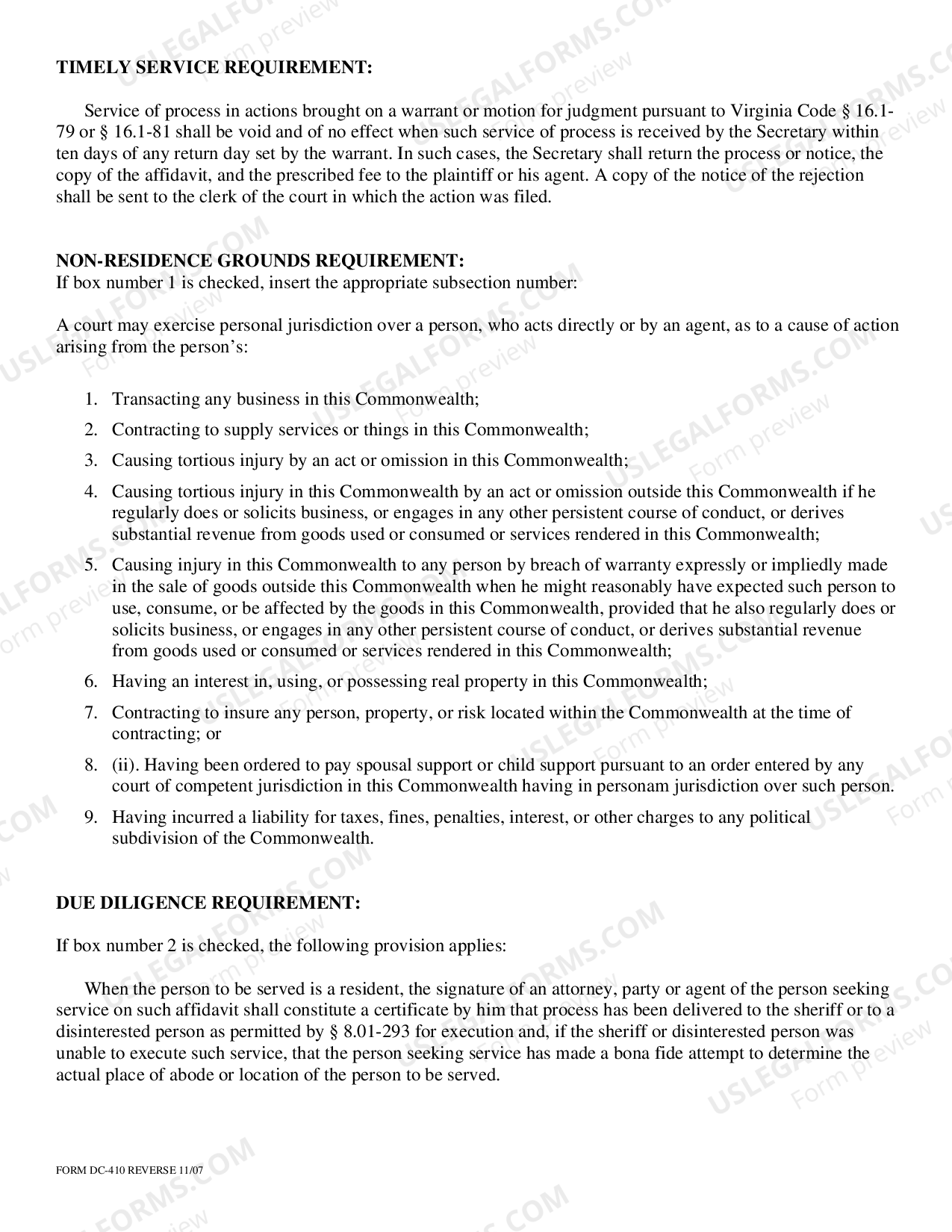 Virginia Affidavit for Service of Process on the Secretary of the ...